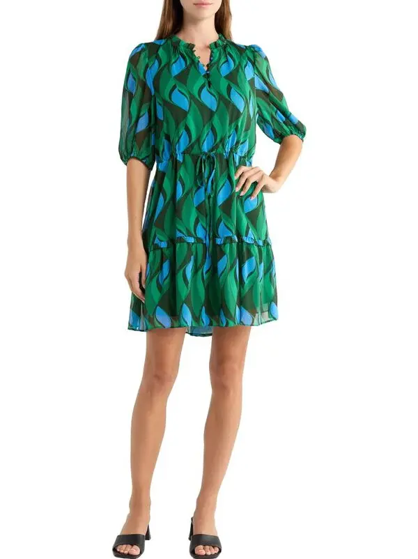 SUGARLIPS Abstract Print Tiered Mini Dress - Emerald Blue