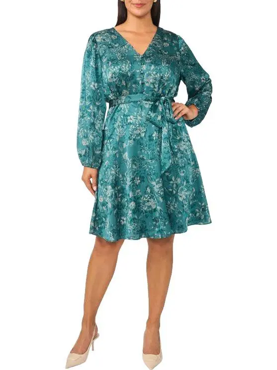 Vince Camuto Long Sleeve Floral Print Fit & Flare Dress - Deep Emerald