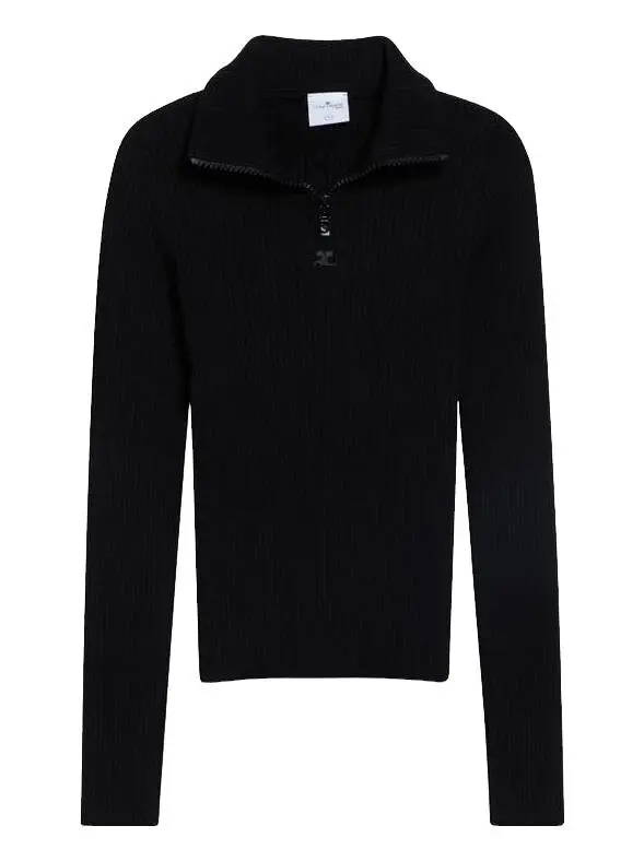 COURREGES Ribbed Mock Neck Half-zip Sweater - Black