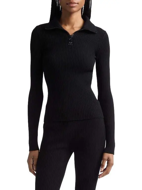 COURREGES Ribbed Mock Neck Half-zip Sweater - Black