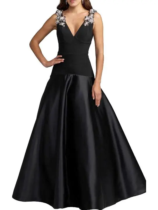 Mac Duggal Crepe And Satin Plunging V-neck Ballgown With Metallic Floral Embellishments - Black
