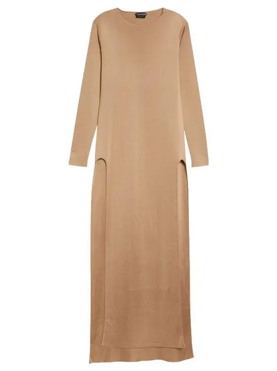 TOM FORD Liquid Long Sleeve Dress With High-low Hem And Side Slits - Hazelnut