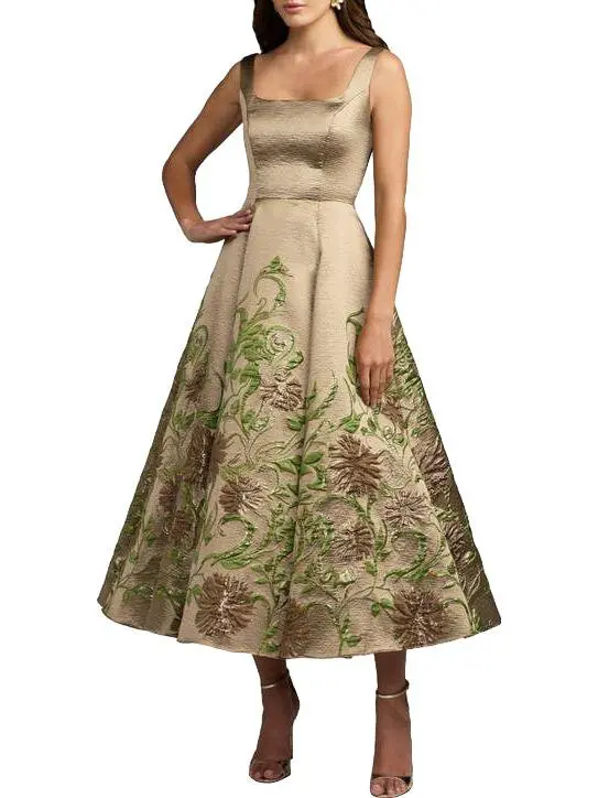 Mac Duggal Embroidered Floral Jacquard A-line Midi Dress - Gold