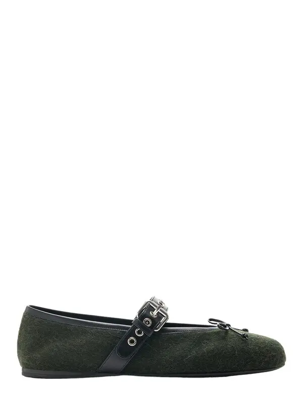 Miu Miu Buckled Flannel Ballerina Flats - Green