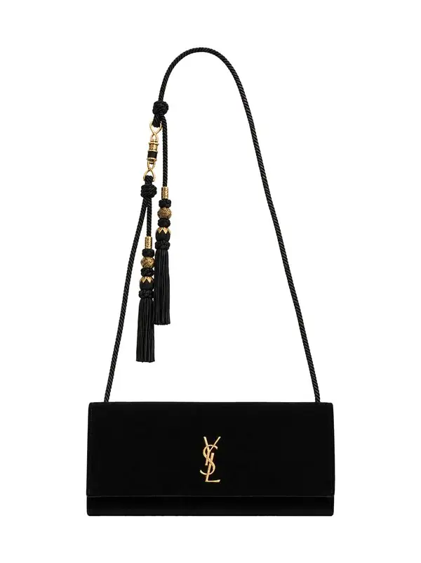 Saint Laurent Kate Velvet Clutch With Gold-tone Tassels - Black