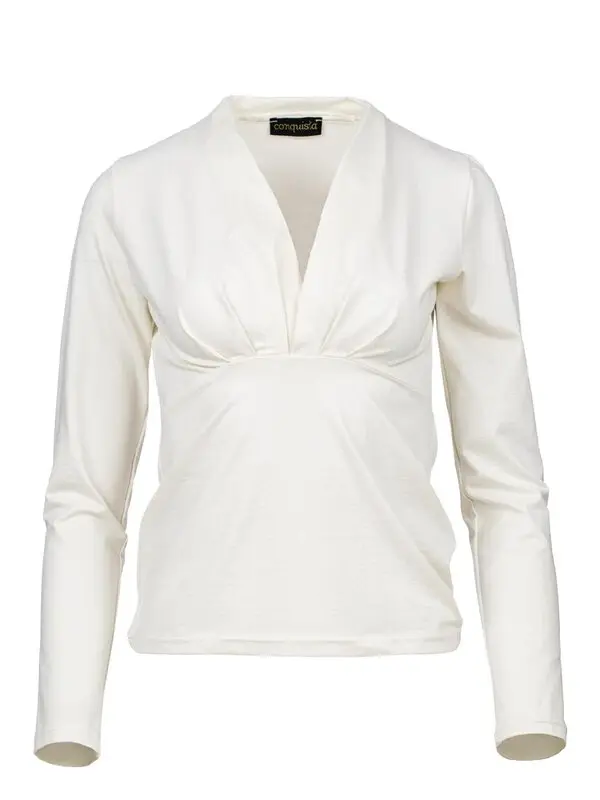 CONQUISTA Long Sleeve V-neck Jersey Top In Cotton Blend - Beige