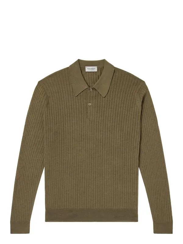 John Smedley Hodson Ribbed Merino Wool Polo Shirt - Green