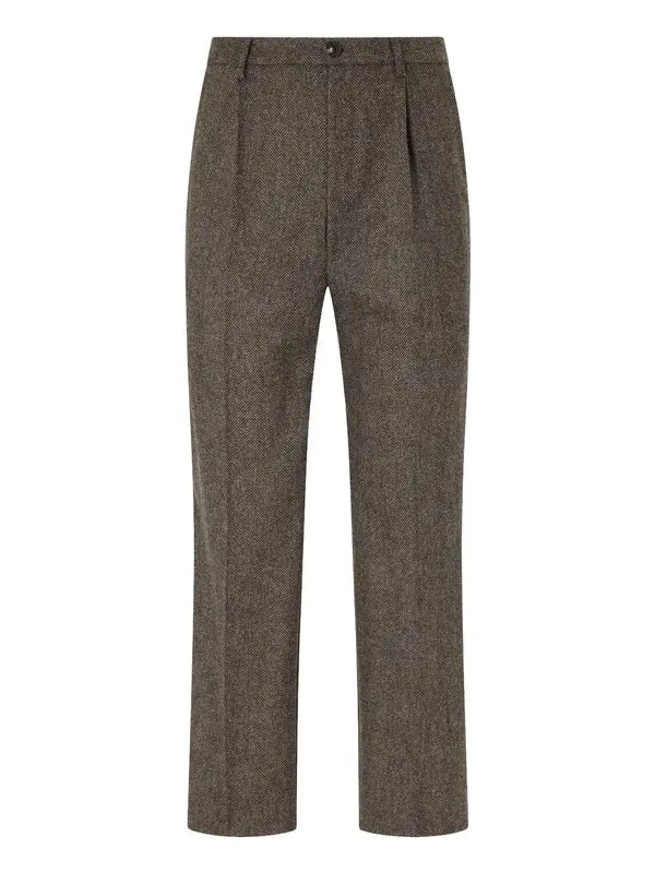 Portuguese Flannel Wool Herringbone Pleated Trousers - Brown