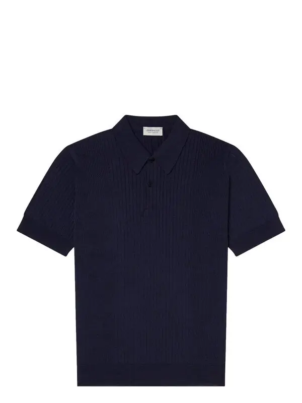 John Smedley Croall Ribbed Merino Wool Polo Shirt - Blue