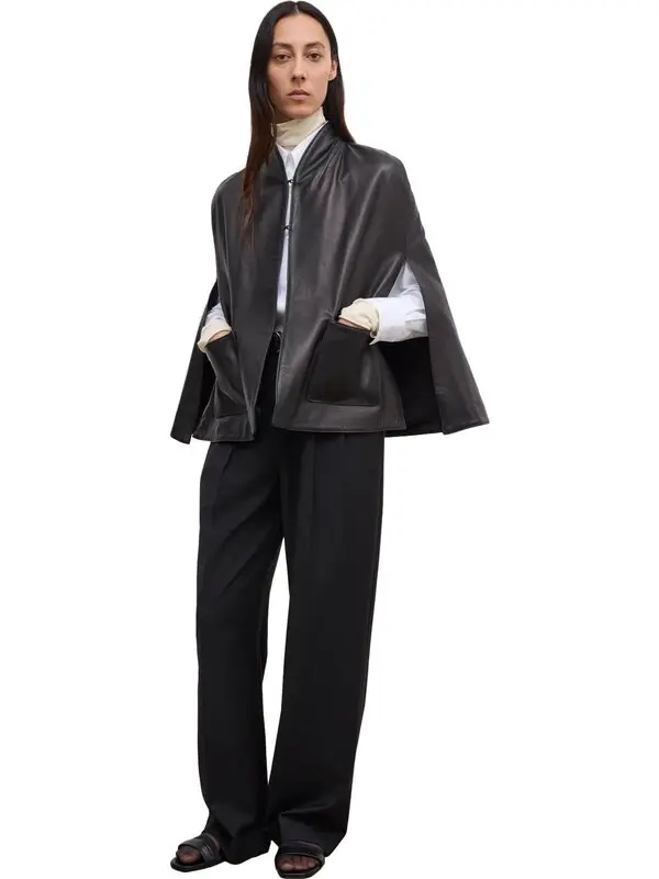 HOUSE OF DAGMAR Leather Cape With Stand Shawl Collar - Black