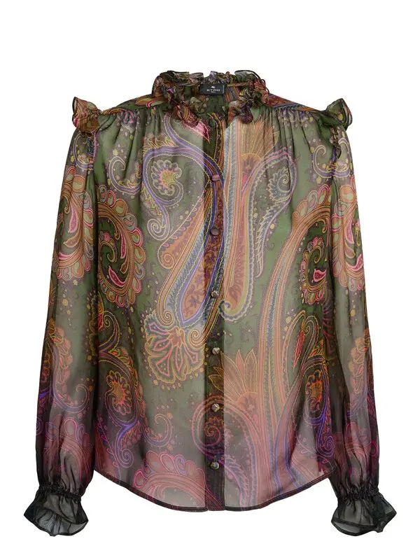 Etro Silk Ruffle Paisley Blouse - Green