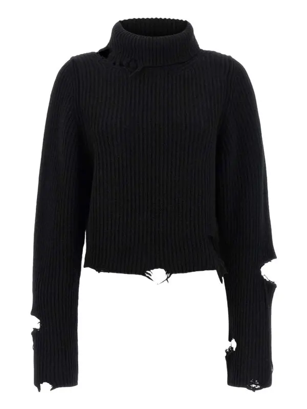 HAIKURE Distressed Cropped High Neck Knit Sweater - Black