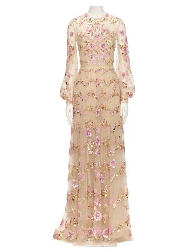 Valentino Garavani Long Sleeve Sequin Embellished Dress - Nude