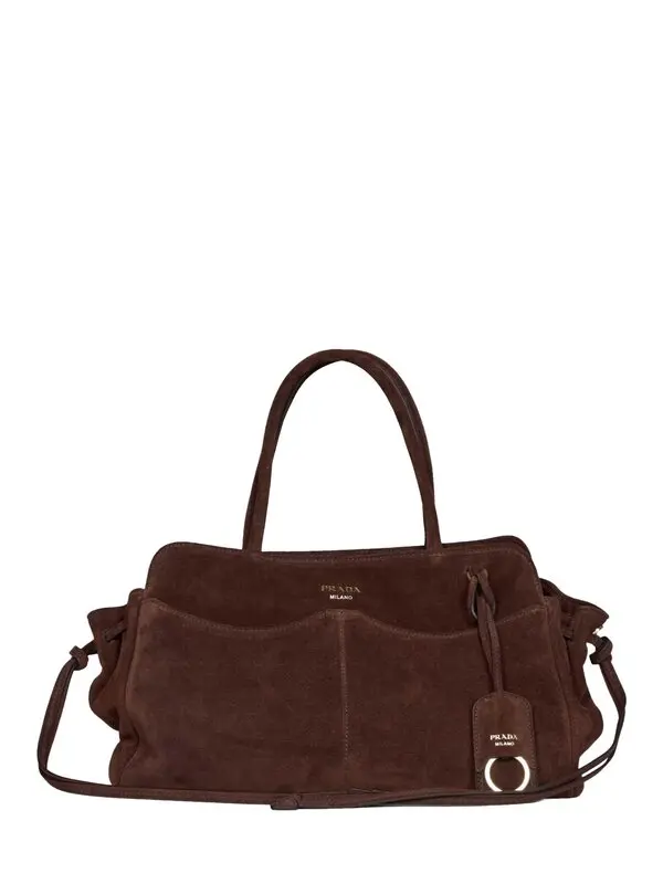 Prada Large Suede Shoulder Bag With Gold Tone Hardware - Brown