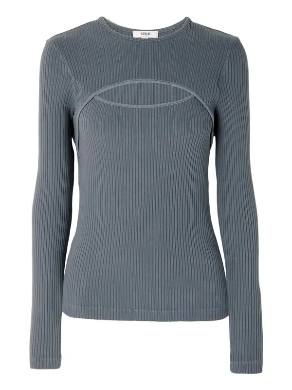 AGOLDE Cutout Ribbed Cotton Long Sleeve Top - Gray