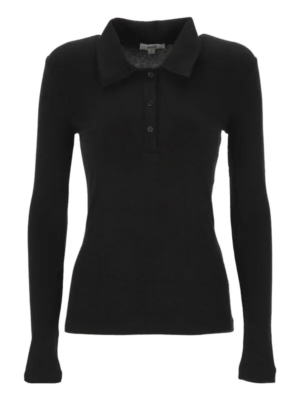AGOLDE Ribbed Knit Collared Long Sleeve Top - Black