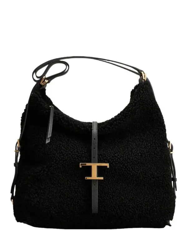 TOD'S T Plaque Shearling Tote Bag - Black