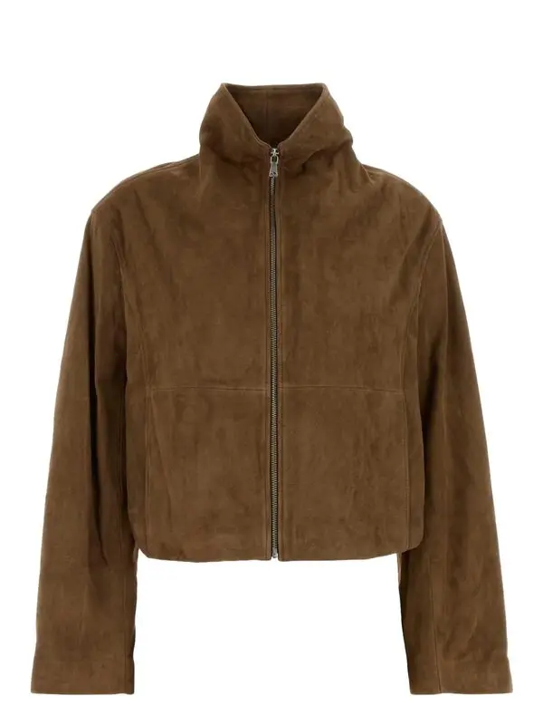 Nour Hammour Long Sleeve Suede Stand Collar Zip Up Jacket - Brown