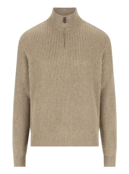 Loro Piana Ribbed Knit Pullover With Zip Neck - Beige