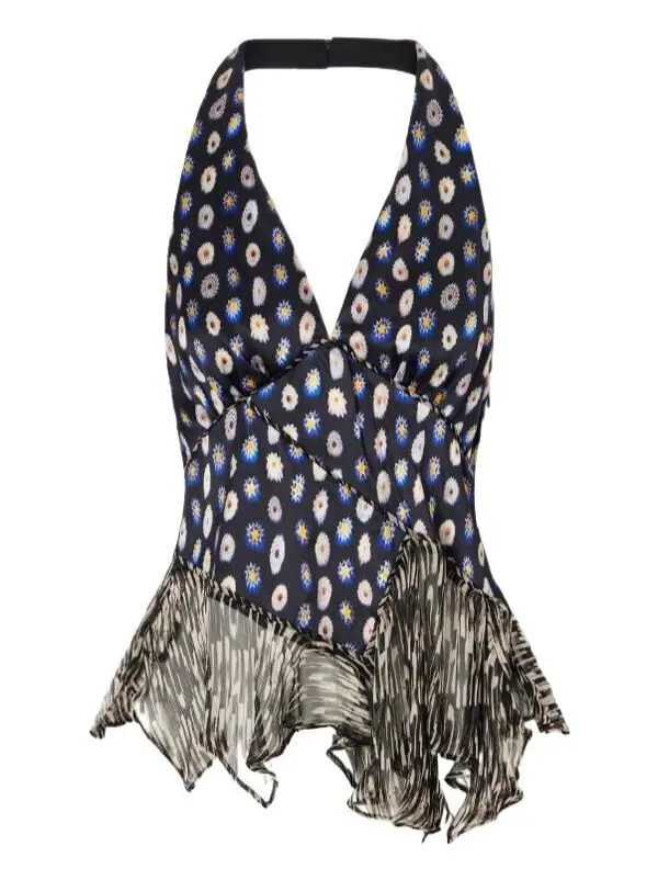 Staud Sleeveless Halter Neck Printed Silk Top With Ruffle Hem - Black
