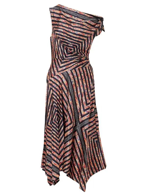 Staud Portia One-shoulder Ruched Printed Silk-blend Midi Dress - Black