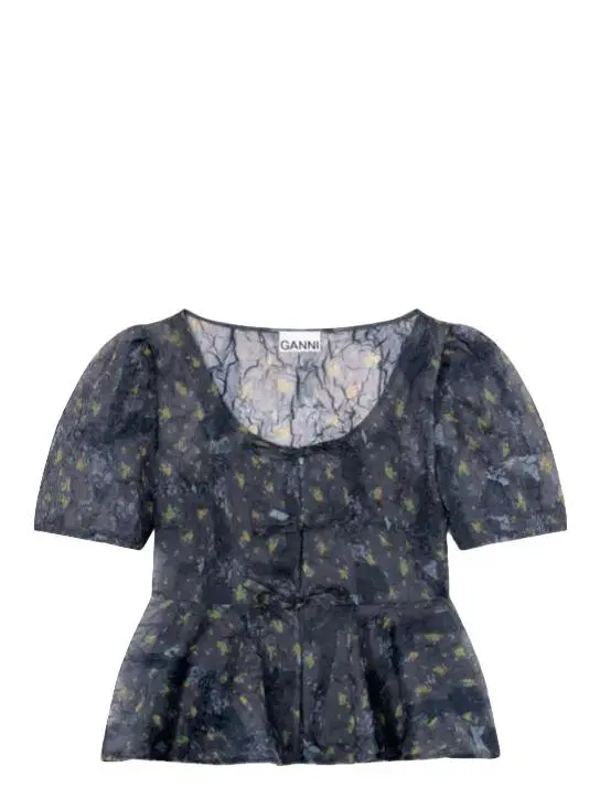GANNI Floral Print Peplum Blouse - Black