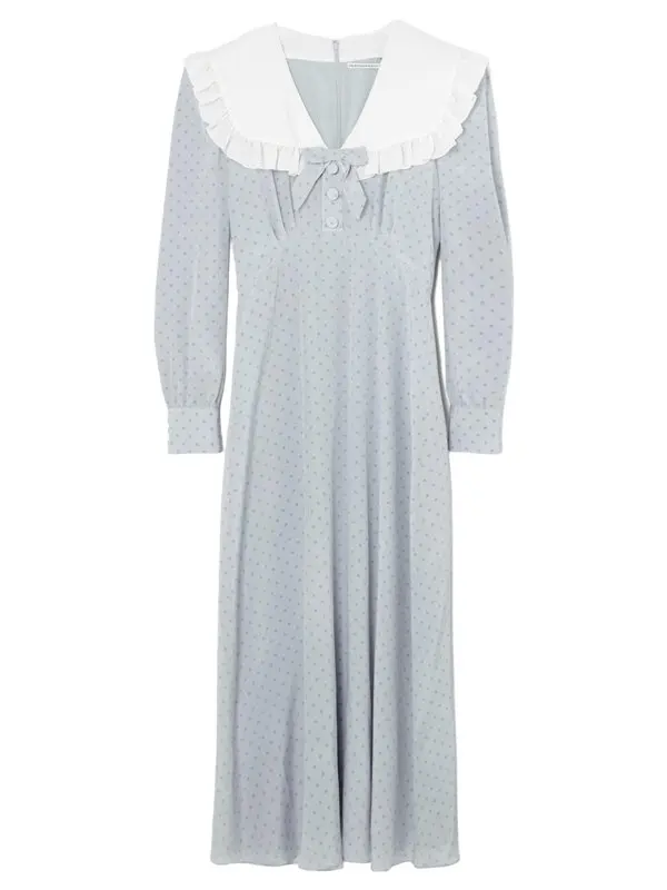 Alessandra Rich Ruffled Polka Dot Silk Crepe Midi Dress - Gray