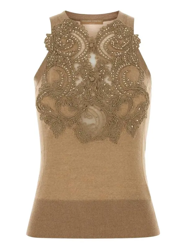 Ermanno Scervino Sleeveless Virgin Wool Knit Top With Lace Trim - Brown
