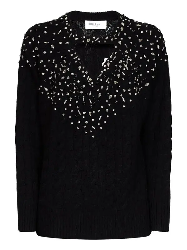 ERMANNO FIRENZE Embellished Cable-knit V-neck Sweater - Black