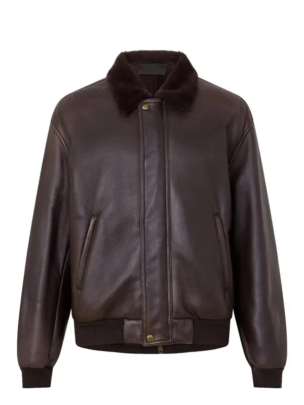 Prada Genuine Leather Bomber Jacket With Shearling Collar - Black