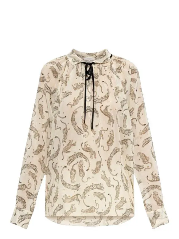 FORTE_FORTE Long Sleeve Leopard Print Blouse With Drawstring Collar - Beige