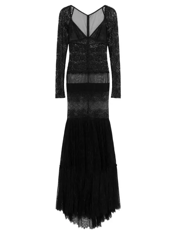 Blumarine Sheer Lace Overlay Long Sleeve Gown - Black