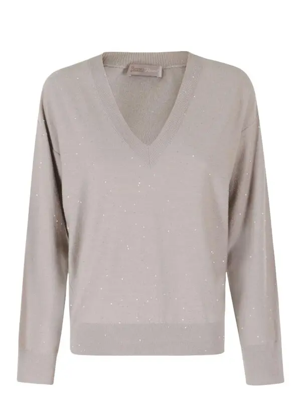 Herno V-neck Long Sleeve Sweater With Rhinestone Embellishments - Gray