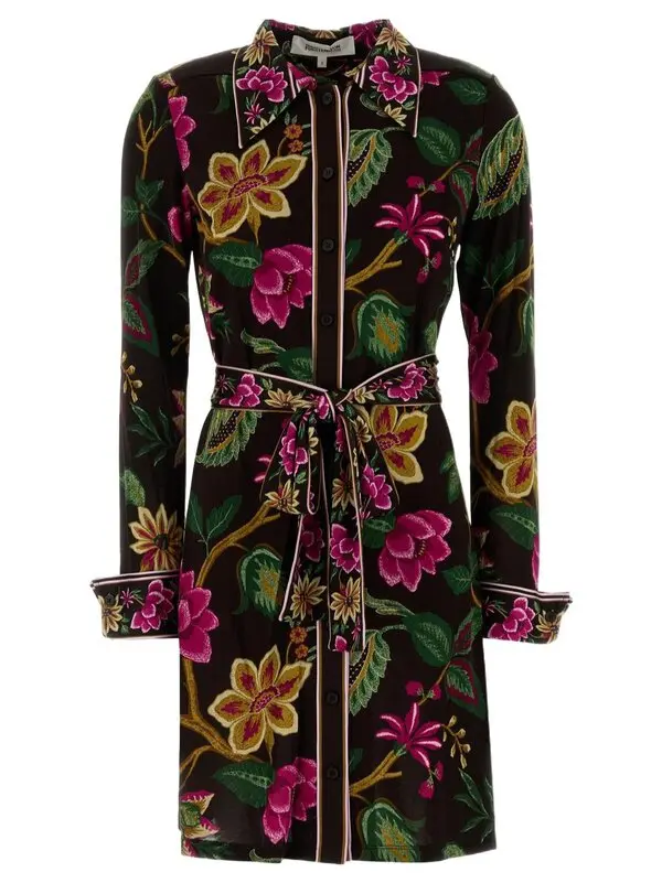 Diane Von Furstenberg Long Sleeve Floral Print Shirt Dress - Black