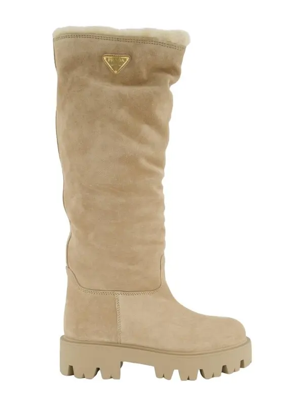 Prada Suede Knee-high Boots With Logo Embellishment - Beige