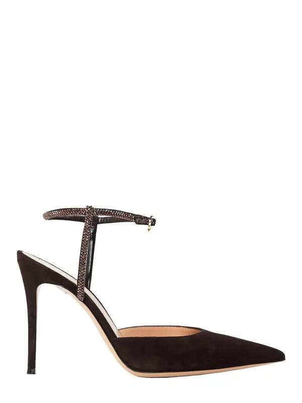 GIANVITO ROSSI Suede Pointed Toe Stiletto Pumps With Crystal Embellished Ankle Strap - Black