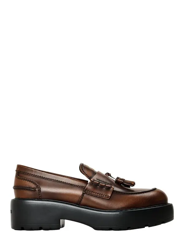 Miu Miu Leather Tassel Slip-on Loafers With Platform Block Heel - Black