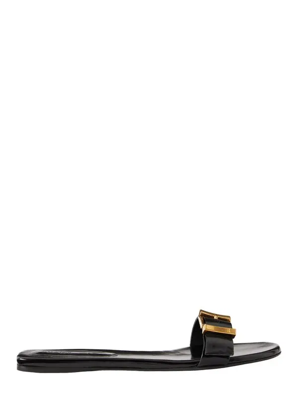 Khaite Patent Leather Slide Sandals With Gold Buckle - Black