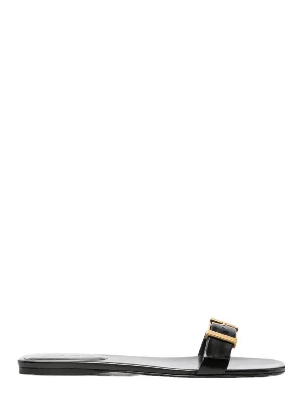 Khaite Patent Leather Slide Sandals With Gold Buckle - Black