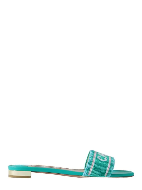AQUAZZURA Embellished Leather Slides - Green