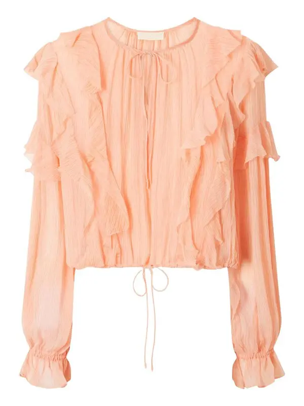 Ulla Johnson Delfina Cropped Ruffled Silk-crepon Blouse - Pink