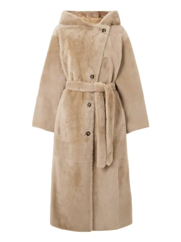 YVES SALOMON Hooded Belted Shearling Coat - Nude