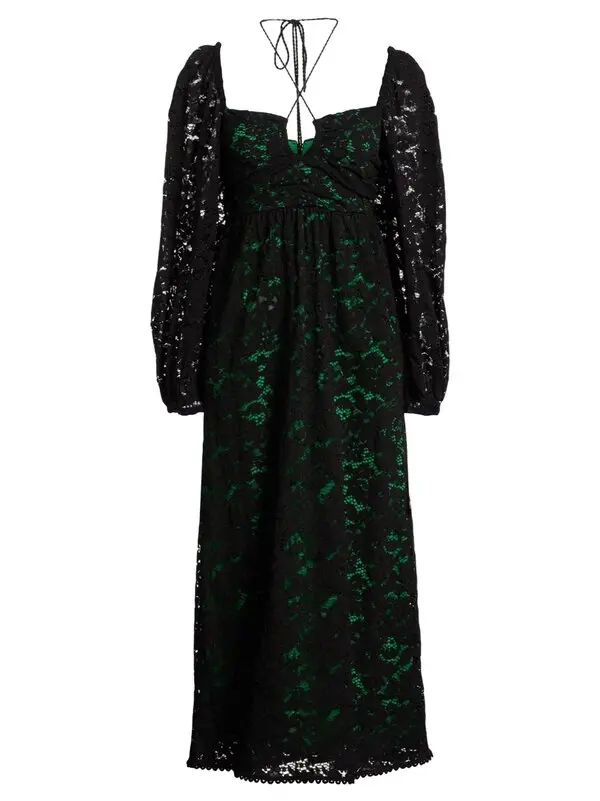 Farm Rio Lace Tie Neck Long Sleeve Dress - Black