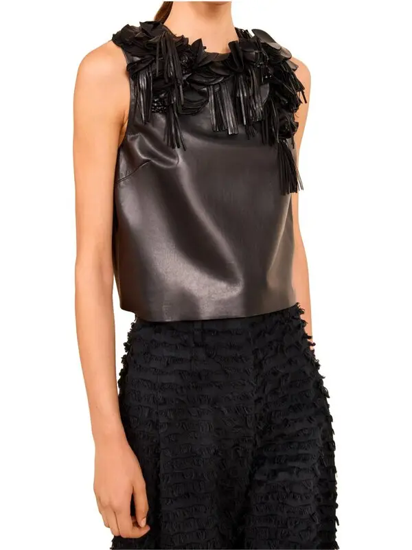 Ulla Johnson Marlowe Leather Top With Floral Appliqués And Tassels - Black