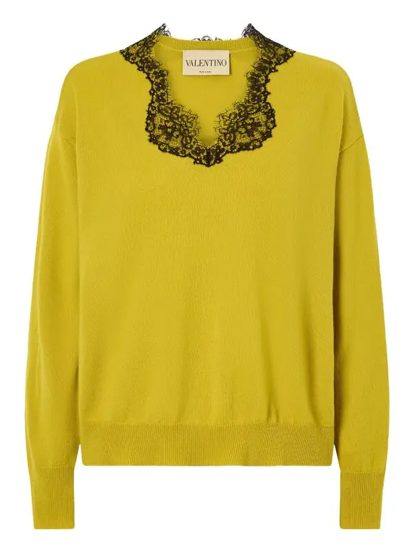 Valentino Garavani Lace-trimmed Cashmere V-neck Sweater - Yellow