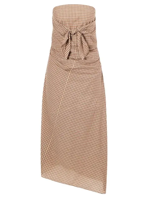 Auralee Brown And White Gingham Strapless Midi Dress With Draped Silhouette - Nude