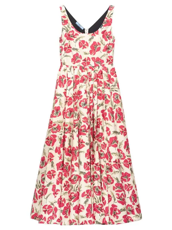 Prada Sleeveless Floral Print Midi Dress With Scoop Neck And Back Zipper - Red