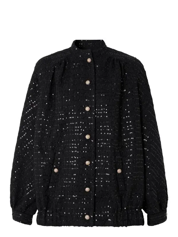 Alessandra Rich Sequined Tweed Jacket With Lantern Sleeves - Black