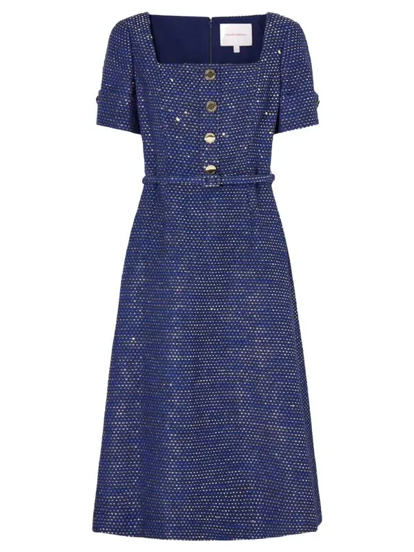 Carolina Herrera Square Neck Tweed Midi Dress - Blue