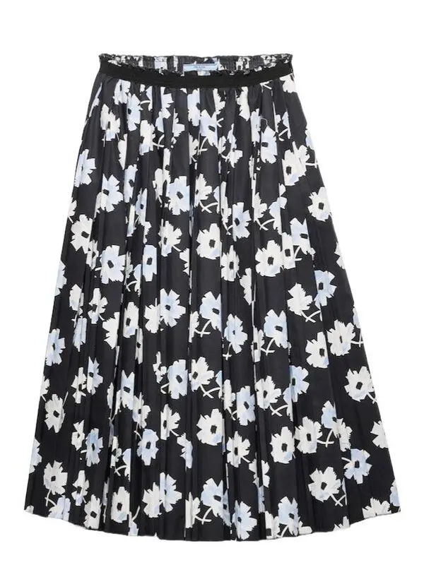 Prada Pleated Floral Poplin Skirt - Black